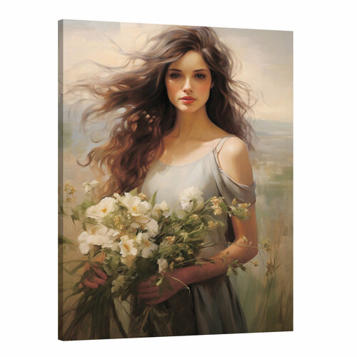 Интерьерная картина 50х70 "Женщина с букетом полевых цветов"