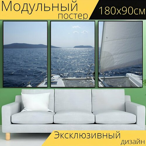 Модульный постер "Греция, парусная яхта, катамаран" 180 x 90 см. для интерьера