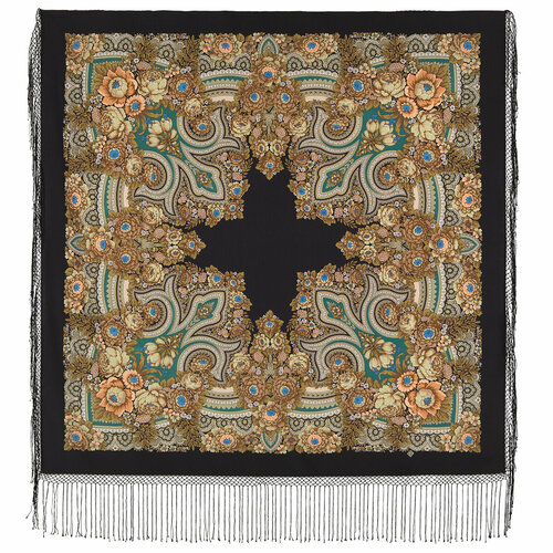 Платок Павловопосадская платочная мануфактура,148х148 см, коричневый, черный