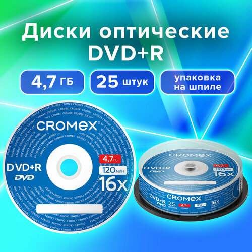 Диски DVD+R (плюс) CROMEX, 4,7 Gb, 16x, Cake Box (упаковка на шпиле), комплект 25 шт, 513777