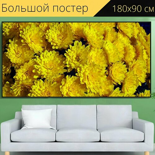 Большой постер "Хризантемы, цветы, желтый" 180 x 90 см. для интерьера