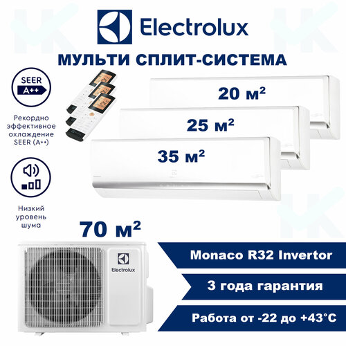 Инверторная мульти сплит-система ELECTROLUX серии Monaco на 3 комнаты (20 м2 + 25 м2 + 35 м2) с наружным блоком 70 м2, Попеременная работа