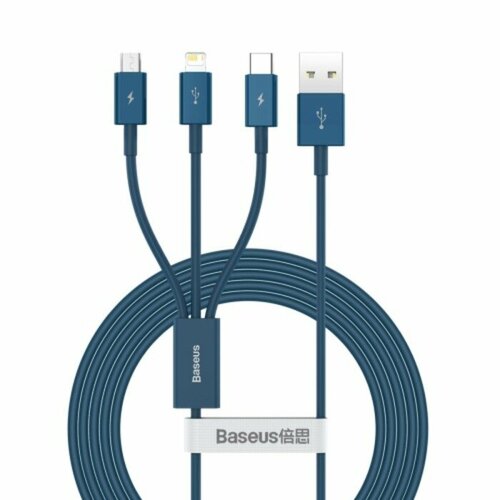 Кабель 3 в 1 Baseus, 5 А, MicroUSB/Type-C/Lightning - USB, 1.5 м, голубой