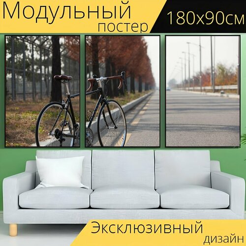 Модульный постер "Дорога, цикл, шоссейный велосипед" 180 x 90 см. для интерьера