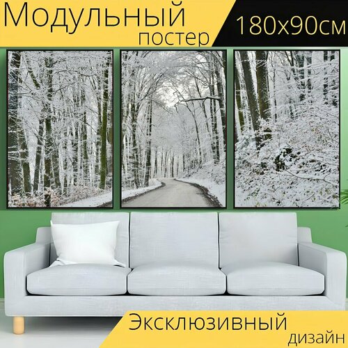 Модульный постер "Лесная дорога, снег, зима" 180 x 90 см. для интерьера