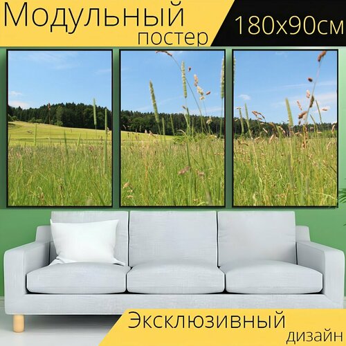 Модульный постер "Луг, трава, лес" 180 x 90 см. для интерьера