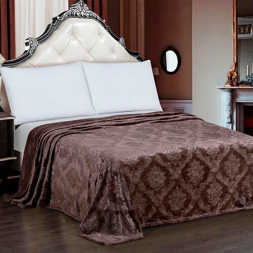 Плед евро-макси 220х240 темный шоколад, покрывало на кровать и диван Cleo Parma, пушистый с рисунком, велсофт