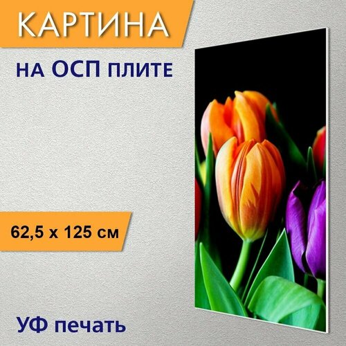 Вертикальная картина на ОСП "Тюльпаны, цветы, цветочный коллаж" 62x125 см. для интерьера на стену