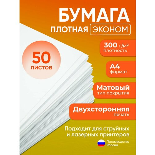 Бумага А4 плотная 300 г/м2 (эконом), 50 листов, двухсторонняя, офсетная (подходит для печати на струйном и лазерном принтере)