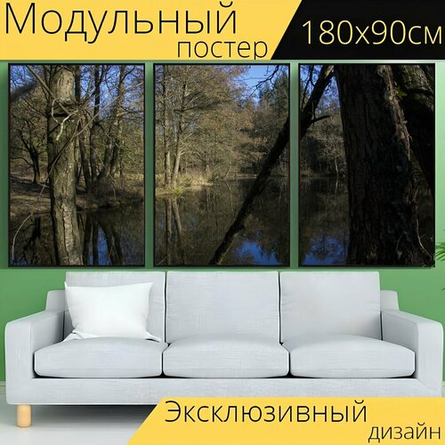Модульный постер "Лес, деревья, озеро" 180 x 90 см. для интерьера