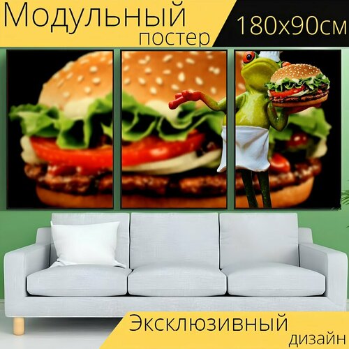 Модульный постер "Гамбургер, сырный бургер, готовить" 180 x 90 см. для интерьера