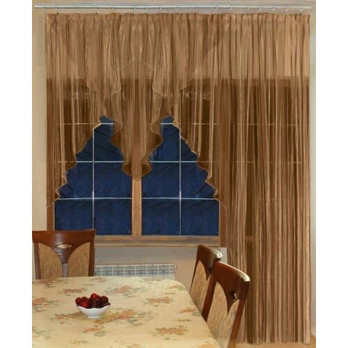 Тюль для окна с балконом на кухню и комнату на ленте ТРИО-1 цвет карамельный шир. 300 см выс. 240 см