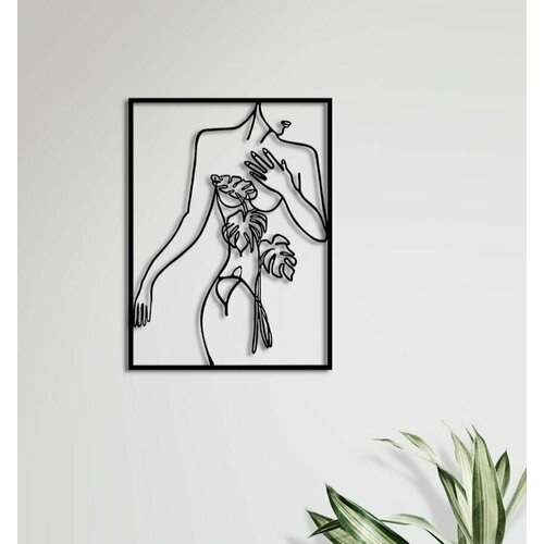 Панно 60х45 см "Эстетика Девушка Листья" декоративное настенное чёрное, декор на стену, картина