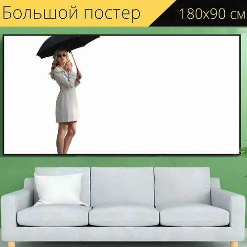 Большой постер "Женщина, зонтик, дождь" 180 x 90 см. для интерьера