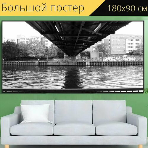 Большой постер "Мост, город, река" 180 x 90 см. для интерьера