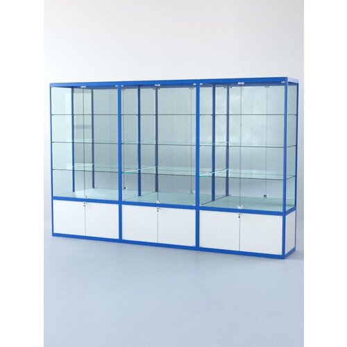 Витрина "прямоугольная" №2-3м-500-3 (задняя стенка - зеркало), Белый + Делфт голубой 300 x 50 x 200 см