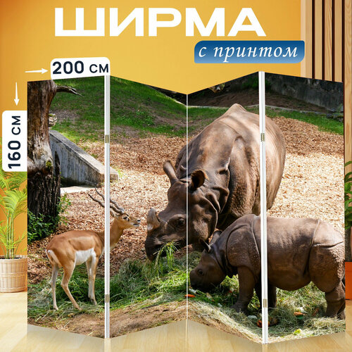 Ширма перегородка с принтом "Животные, носорог, антилопа" на холсте - 200x160 см. для зонирования, раскладная