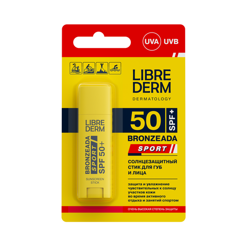 Librederm Стик для губ Bronzeada Sport SPF 50+, желтый/бесцветный