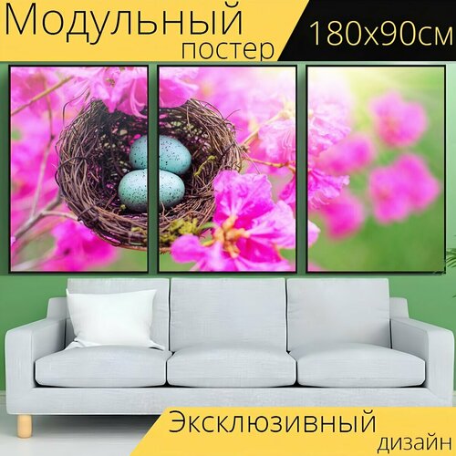 Модульный постер "Гнездо, гнездо малиновки, розовый" 180 x 90 см. для интерьера