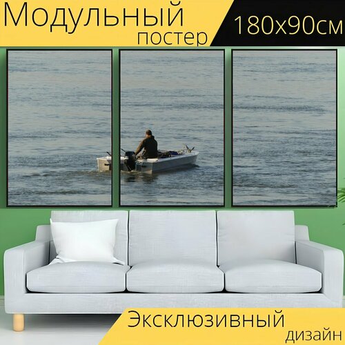 Модульный постер "Воды, лодка, закат" 180 x 90 см. для интерьера