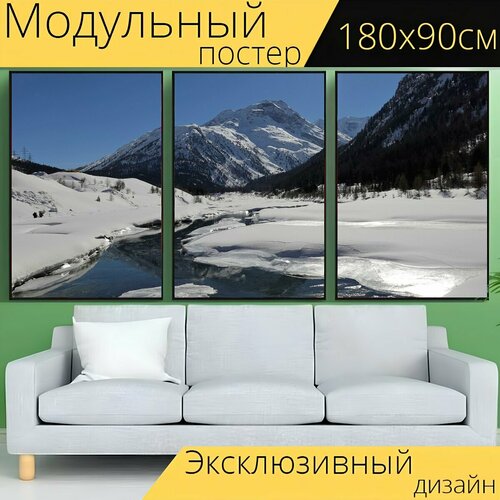 Модульный постер "Снег, горы, ручей" 180 x 90 см. для интерьера