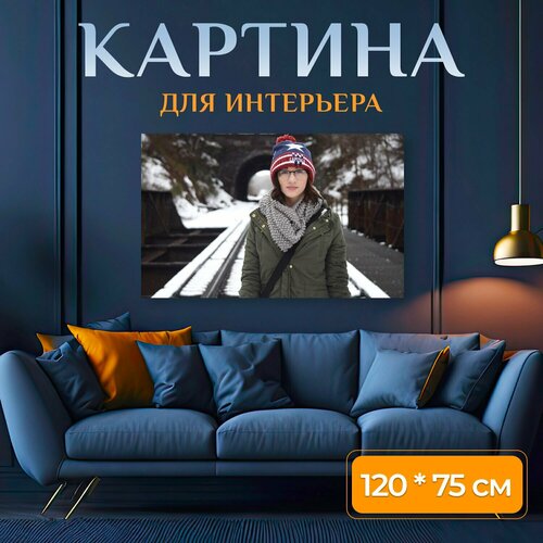 Картина на холсте "Девочка, женщина, зима" на подрамнике 120х75 см. для интерьера