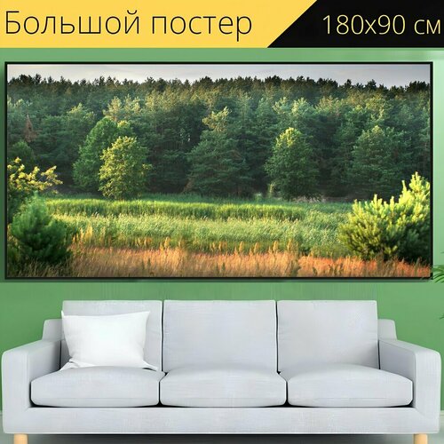 Большой постер "Поле, лес, пейзаж" 180 x 90 см. для интерьера