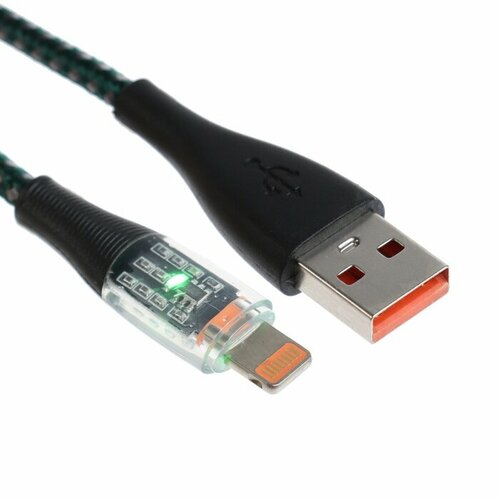 Кабель, 2 А, Lightning - USB, прозрачный, оплётка нейлон, 1 м, зелёный (комплект из 8 шт)