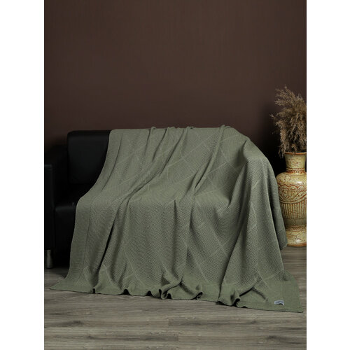 Плед 180х220, вязаный, KING PLAID, оливковый, хлопок, покрывало на кровать, на диван, на кресло, в подарочной сумке