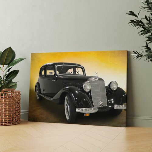Картина на холсте "Старая черная машина с желтым фоном" 50x70 см. Интерьерная, на стену.