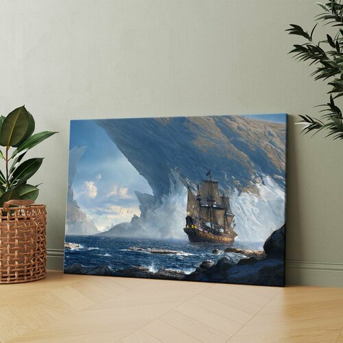Картина на холсте (Корабль, плывущий по скалистому океану) 50x70 см. Интерьерная, на стену.