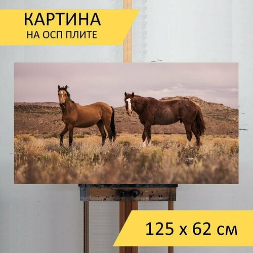 Картина на ОСП 125х62 см. "Лошадь, животное, браун" горизонтальная, для интерьера, с креплениями