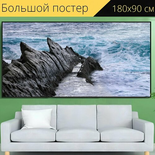Большой постер "Морской берег, горные породы, море" 180 x 90 см. для интерьера
