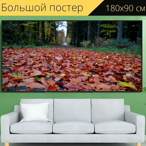 Большой постер "Осенние листья, дорожка, лес" 180 x 90 см. для интерьера