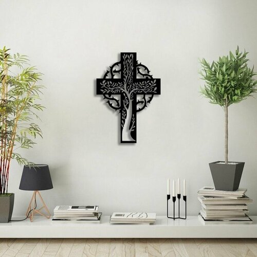 Декоративное металлическое панно, Крест Древа Жизни (черный цвет)