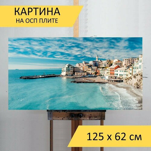Картина на ОСП 125х62 см. "Греция, вода, океан" горизонтальная, для интерьера, с креплениями