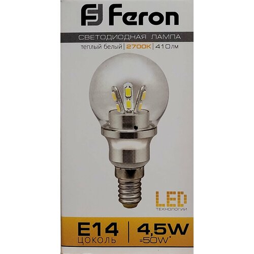 Светодиодная лампа Feron, 4,5 Вт, E14, теплый свет, 2700 К