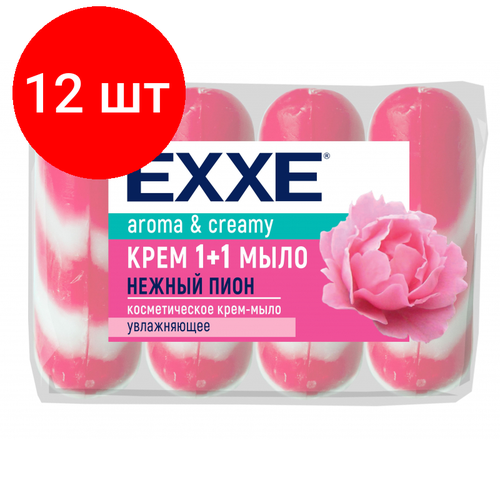 Комплект 12 упаковок, Мыло туалетное крем EXXE 1+1 Нежный пион 90гр розовое полосатое экопак 4ш/у