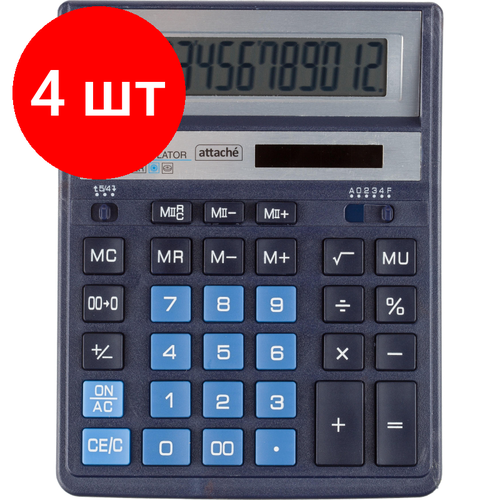 Комплект 4 штук, Калькулятор настольный полн. Attache AF-888.12р, дв. пит,204x158мм, темно-син