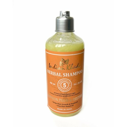 Herbal Shampoo SAFFRON, TULSI & REETHA, Indian Khadi (Травяной Шампунь шафран, тулси И ритха, для роста волос и против перхоти, Индиан Кхади), 300 мл.
