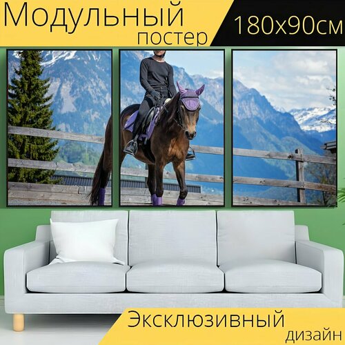 Модульный постер "Лошадь, девочка, уроки верховой езды" 180 x 90 см. для интерьера