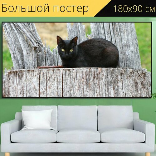 Большой постер "Кошка, чернить, животное" 180 x 90 см. для интерьера