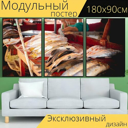 Модульный постер "Рыбы, рыбный рынок, ловит рыбу" 180 x 90 см. для интерьера