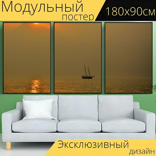 Модульный постер "Парусное судно, игла, заход солнца" 180 x 90 см. для интерьера