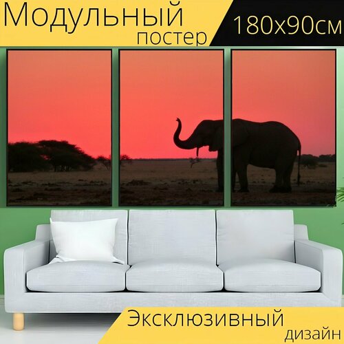 Модульный постер "Африканский, слон, национальный парк" 180 x 90 см. для интерьера