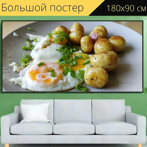Большой постер "Яйца, картошка, тарелка" 180 x 90 см. для интерьера