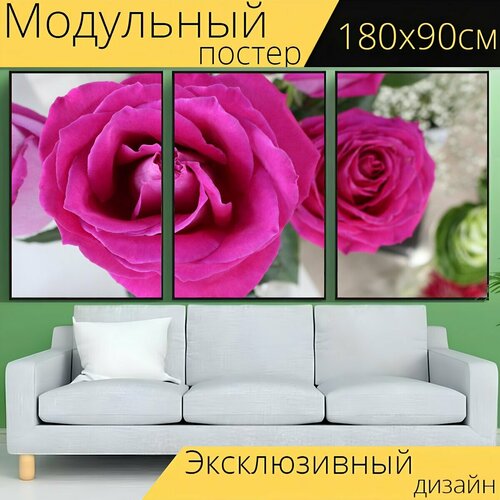 Модульный постер "Роза, цветок, цветочный" 180 x 90 см. для интерьера
