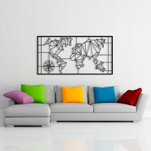 Декоративное панно деревянное, Карта мира (черный цвет)