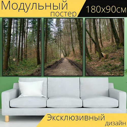 Модульный постер "Лесная тропа, дорожка, лес" 180 x 90 см. для интерьера