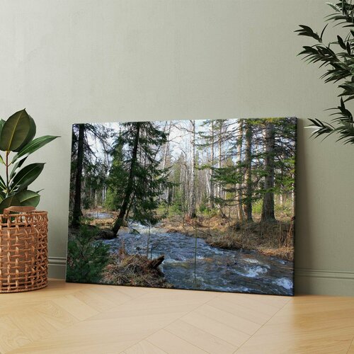 Картина на холсте (Ручей в лесу) 40x60 см. Интерьерная, на стену.